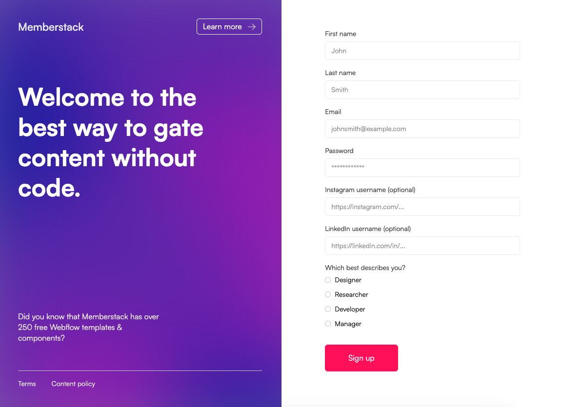 Complex Sign Up Form | Free Webflow Component